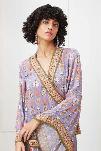 Buy Purple Crepe Printed Floral V Neck Tabriz Angrakha And Pant Set For ...