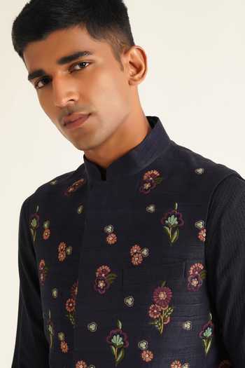 Buy Dhruv Vaish Blue Silk Flower Pattern Jawahar Jacket Online | Aza ...