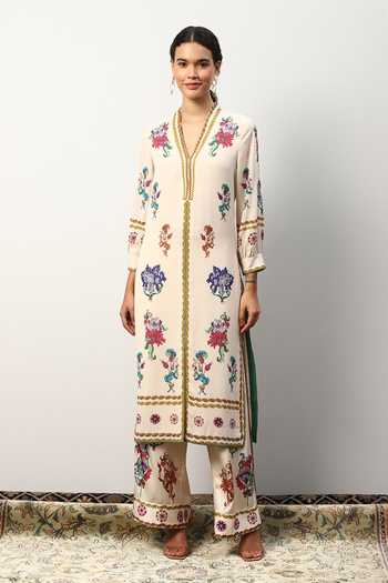 Buy Off White Satin Printed Baroque V Neck Riyan Tunic For Women by ...