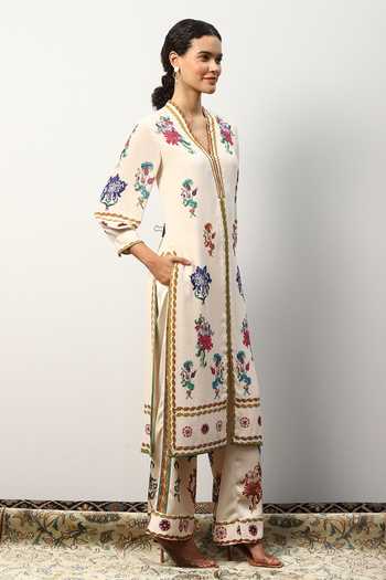Buy Off White Satin Printed Baroque V Neck Riyan Tunic For Women by ...