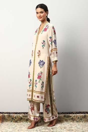 Buy Off White Satin Printed Baroque V Neck Riyan Tunic For Women by ...