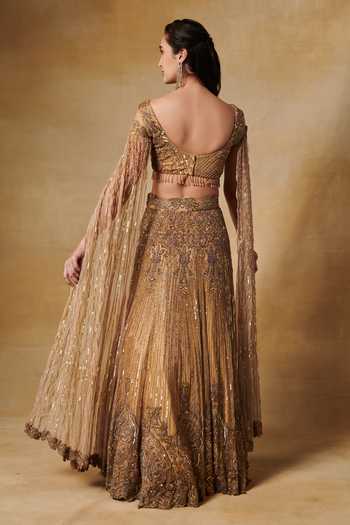 Buy Gold Net Hand Embroidered Resham V Neck Blouse And Lehenga Set For ...