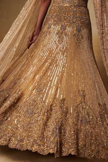 Buy Gold Net Hand Embroidered Resham V Neck Blouse And Lehenga Set For ...