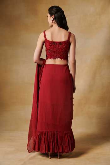 Buy Red Georgette Embroidered Resham Square Ruffle Pre-draped Saree ...