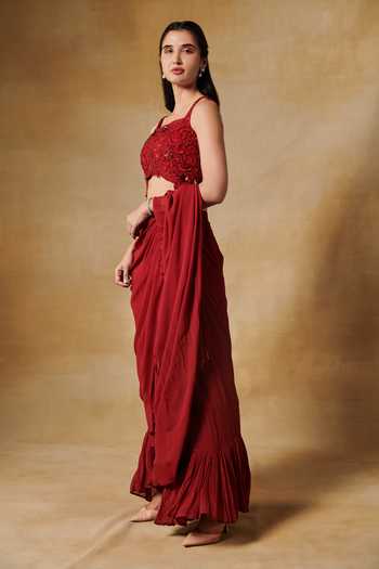 Buy Red Georgette Embroidered Resham Square Ruffle Pre-draped Saree ...