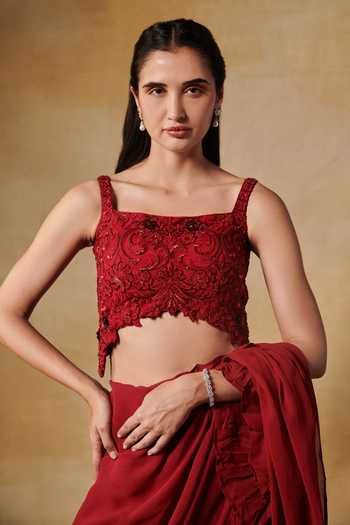 Buy Red Georgette Embroidered Resham Square Ruffle Pre-draped Saree ...