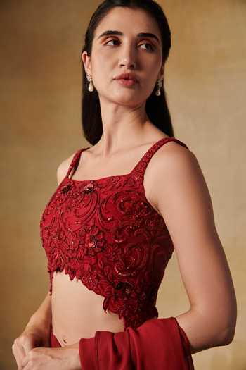 Buy Red Georgette Embroidered Resham Square Ruffle Pre-draped Saree ...