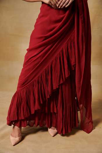 Buy Red Georgette Embroidered Resham Square Ruffle Pre-draped Saree ...