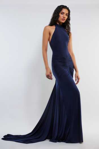 Buy Blue Malai Lycra Solid Halter Wendy High Neck Gown For Women by ...