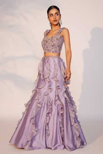 Buy Purple Tissue, Denim Embroidery Round Neck Resham Crop Top And ...