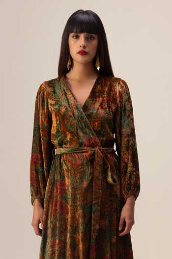 Buy Green Viscose Velvet Print Floral V Neck Nargis Wrap Dress With ...