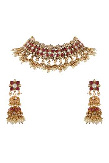 Buy Pink Pearls, Stones, Diamonds Jadtar Embellished Bridal Necklace ...