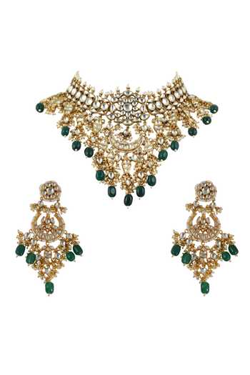 Buy White Pearls, Glitter, Stones Jadtar Embellished Necklace Set by ...