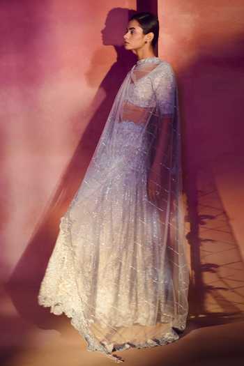 Buy Blue Net Embroidered Resham Scoop Neck Sequin Bridal Lehenga Set ...