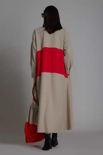 Buy Mati Red Cotton Band Collar Color Block Dress Online | Aza Fashions