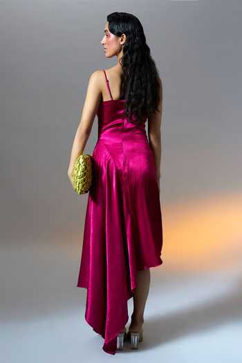 Buy Fuchsia Vegan Mashru Hand Smoked Asymmetric Neck Orchid Dress For ...