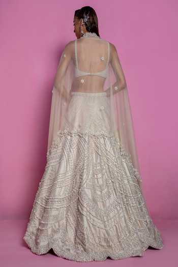 Buy Beige Taffeta Silk Embroidered Pearl U Mother Of Bridal Lehenga Set ...