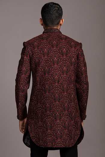 Buy Wine Velvet Blend Printed Paisley Sherwani And Pant Set For Men by ...