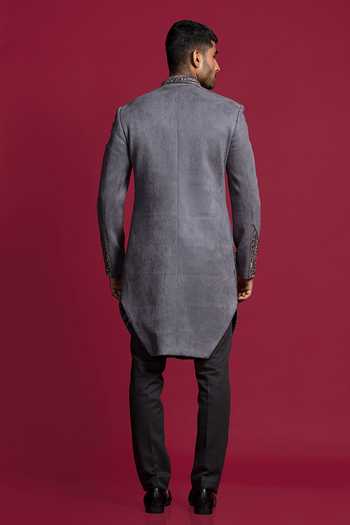 Buy Jayesh Shah Grey Suede Velvet Panel Embroidered Sherwani And Pant ...
