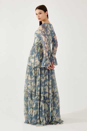 Buy KoAi Blue Floral Print Chiffon Long Cape Online | Aza Fashions