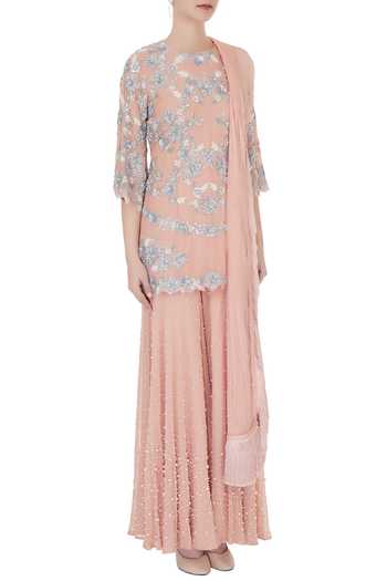 Buy J by Jannat Peach Embroidered Kurta Sharara Set Online | Aza Fashions