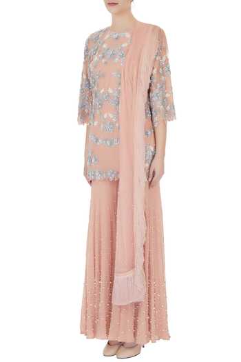 Buy J by Jannat Peach Embroidered Kurta Sharara Set Online | Aza Fashions