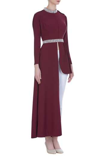 Buy DiyaRajvvir Red Half Jacket Half Peplum Style Tunic With Pants ...