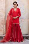 Buy Red Hand Embroidered Taari Work V Neck Umrao Kurta Sharara Set For ...