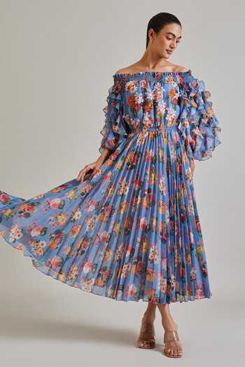 Buy Blue Chiffon Floral Patterns Carmen Venus Frilly Accent Sleeve