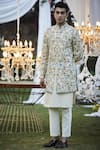 Buy Beige Monga Silk Embroidered Sequins Sherwani With Pants And Kurta ...