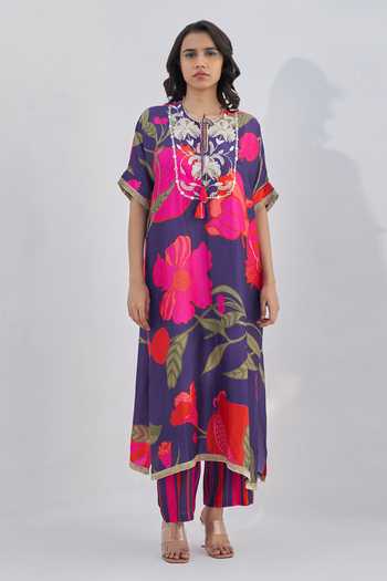 Buy Archana Shah Purple Silk Tailsman Pomo Pattern Kurta And Pant Set ...