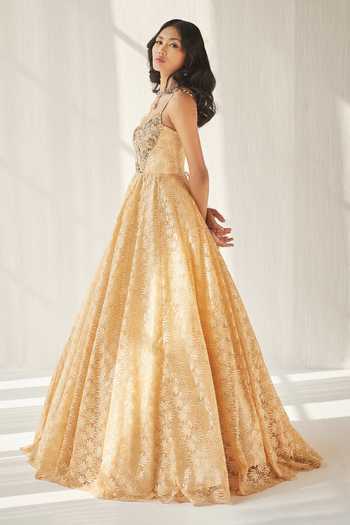 Buy Yellow Net Embroidery Thread Sweetheart Neck Gown For Women by ...