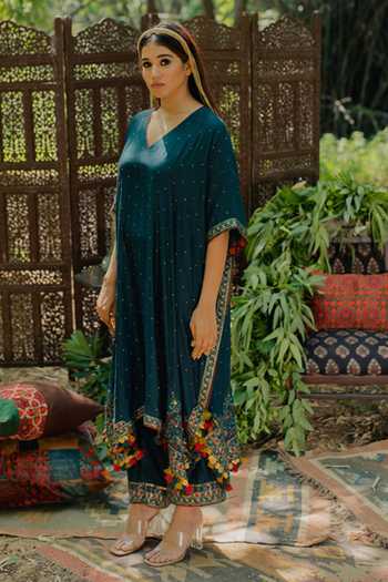 Buy Pooja-Keyur Blue Silk Embroidered Kaftan And Ijar Pant Set Online ...