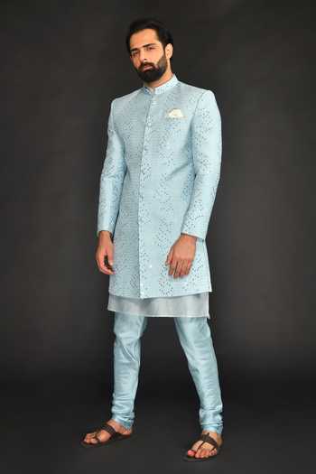 Buy Sky Blue Vis Silk And Spun Lining 100% Embroidered Sherwani Set For ...