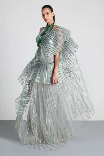 Buy Green Striped Fabric Embroidery Halter Ruffle Saree With Blouse For ...