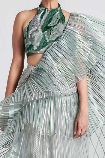 Buy Green Striped Fabric Embroidery Halter Ruffle Saree With Blouse For ...