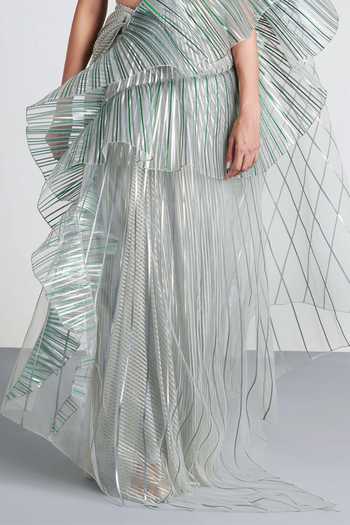 Buy Green Striped Fabric Embroidery Halter Ruffle Saree With Blouse For ...