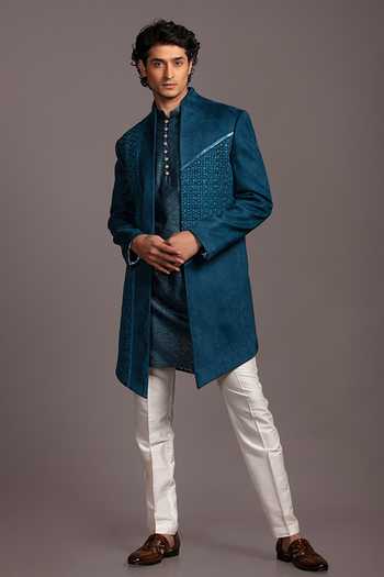Buy Jayesh Shah Blue Suede Velvet Hand Embroidered Sherwani Set Online ...