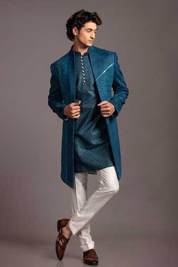 Buy Jayesh Shah Blue Suede Velvet Hand Embroidered Sherwani Set Online ...