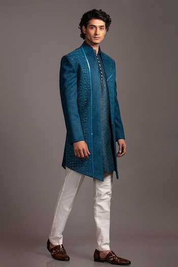 Buy Jayesh Shah Blue Suede Velvet Hand Embroidered Sherwani Set Online ...
