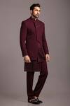 Buy Jayesh Shah Wine Dobby Border Embroidered Cross-cut Sherwani Set ...