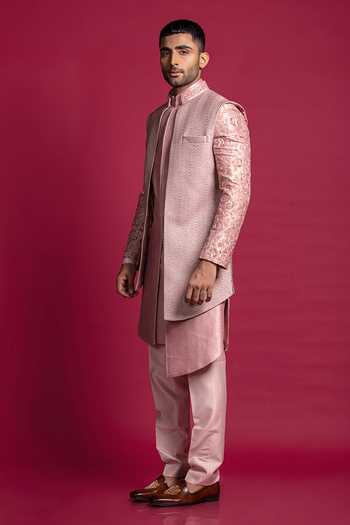 Buy Jayesh Shah Pink Suede Velvet Beads Embroidered A-line Sherwani Set ...