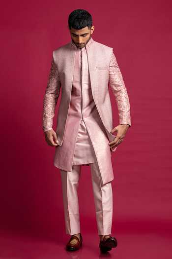 Buy Jayesh Shah Pink Suede Velvet Beads Embroidered A-line Sherwani Set ...