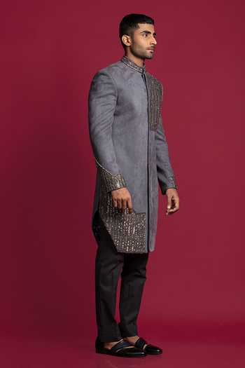Buy Jayesh Shah Grey Suede Velvet Panel Embroidered Sherwani And Pant ...