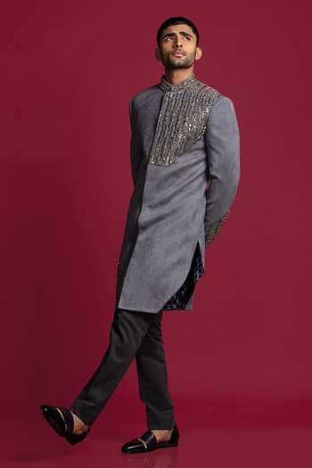 Buy Jayesh Shah Grey Suede Velvet Panel Embroidered Sherwani And Pant ...