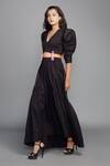 Buy Black Ponte Roma V Neck Puff Sleeve Top And Skirt Set For Women by ...