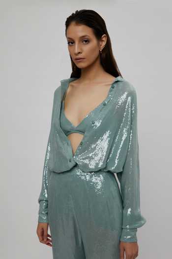 Buy Blue Embroidery Spread Collar Shirt And Pant Set For Women by Deme ...