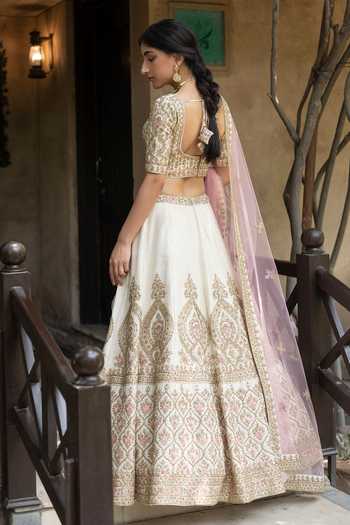 Buy White Embroidery V Neck Bridal Lehenga Set For Women by Angad Singh ...