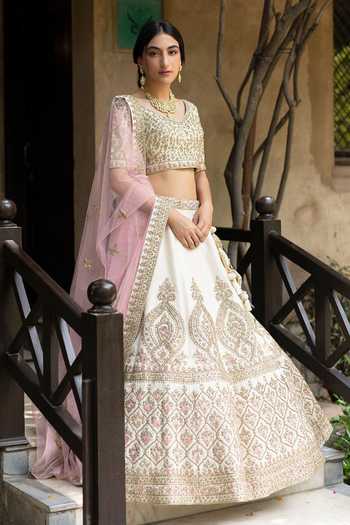Buy White Embroidery V Neck Bridal Lehenga Set For Women by Angad Singh ...