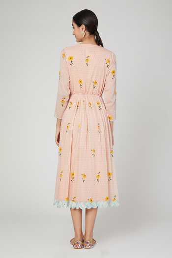 Buy Pink Malkha And Muslin Silk & Embroidery Floral Midi Dress For ...